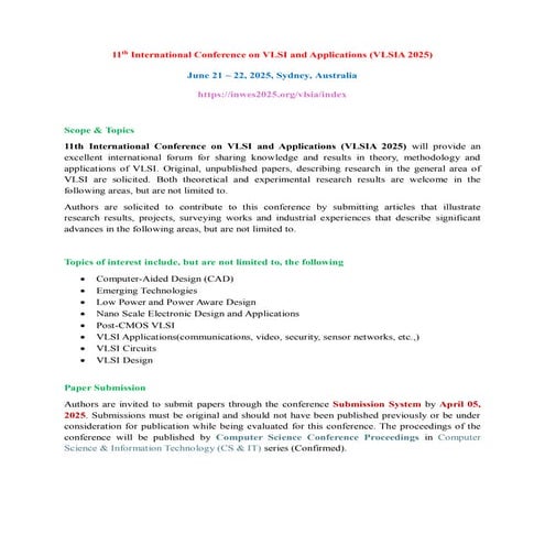 11th International Conference on VLSI and Applications (VLSIA 2025) | PDF