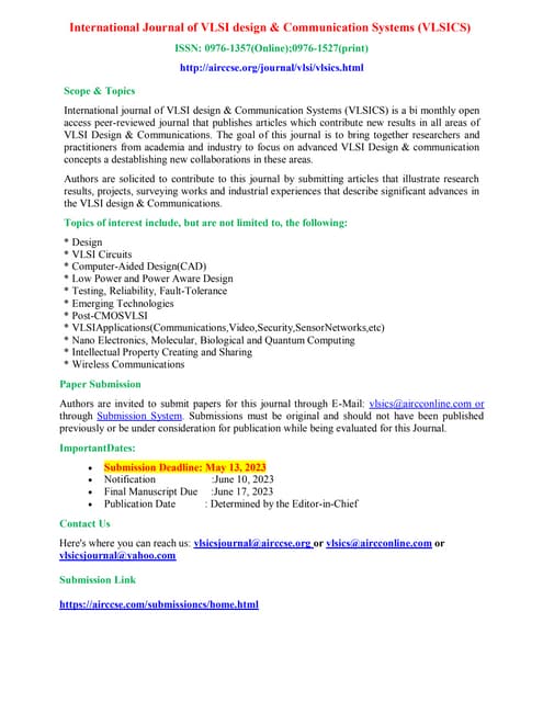 International Journal Of Vlsi Design And Communication Systems Vlsics Pdf