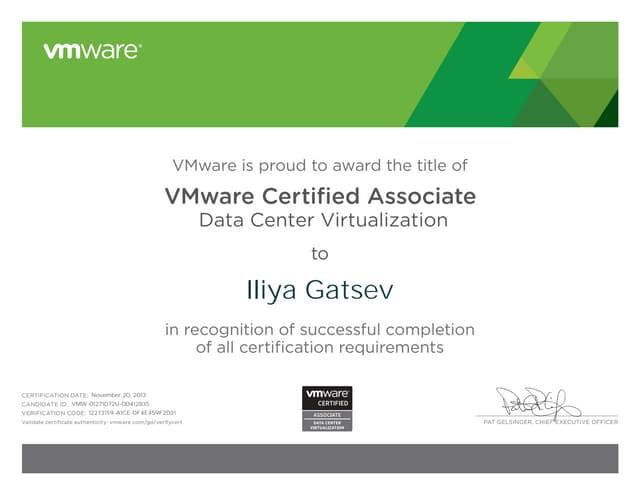 Iliya Gatsev Vmware Certified Associate Data Center Virtualization
