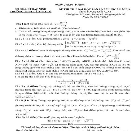 de va dap an thi thu toan a,a1 lan 1 truong thpt ly thai to nam hoc 2013 2014 | PDF