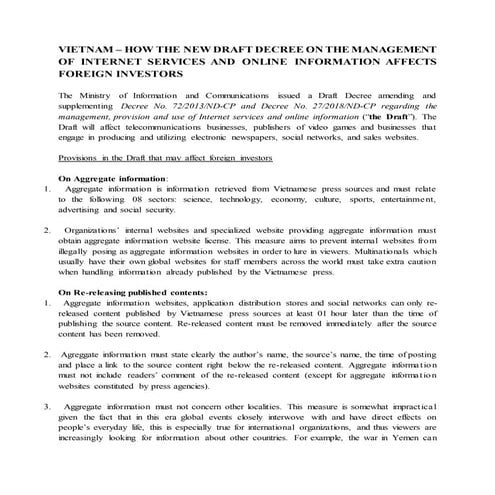 VIETNAM – HOW THE NEW DRAFT DECREE ON THE MANAGEMENT OF INTERNET ...