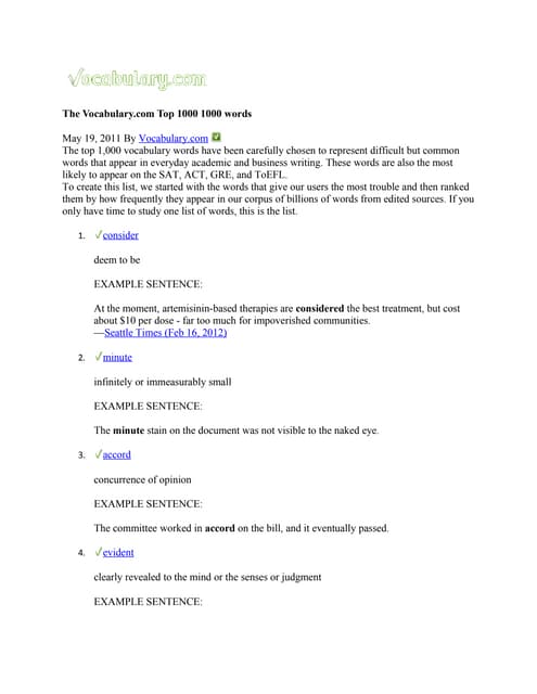 Vocabulary (list of 1001 words) | PDF