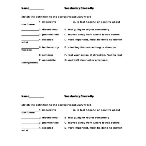 Vocabulary Check Up- premonition and Reference Material Quiz | DOCX