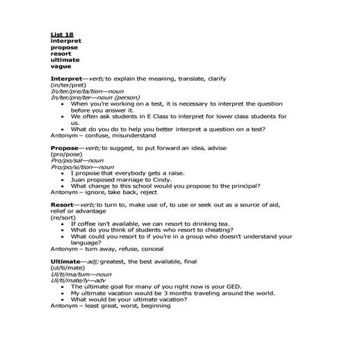 Vocabulary exercises for list 18 | PDF