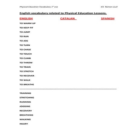Vocabulary p.e | DOCX | Fitness and Exercise | Healthy Living