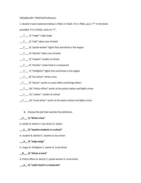 Match the job with the place of work exercise | PDF