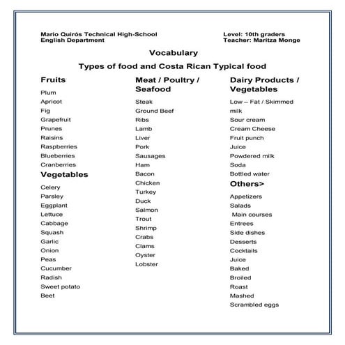 Vocabulary: types of food | PDF