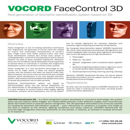 Vocord face control 3d facial-biometric system based on 3d | PDF | 3-D Graphics | Computer ...
