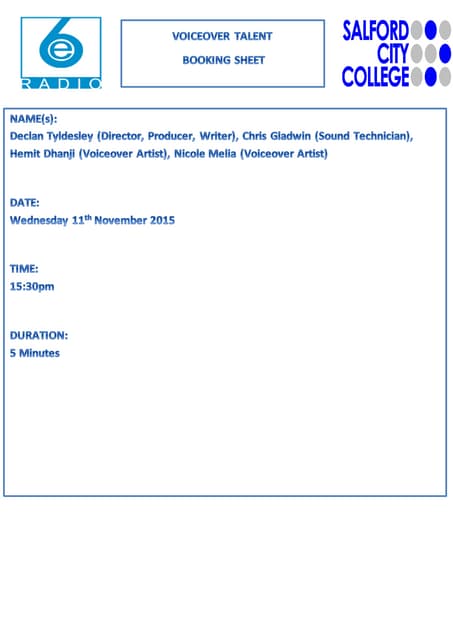 Studio booking sheet | DOCX