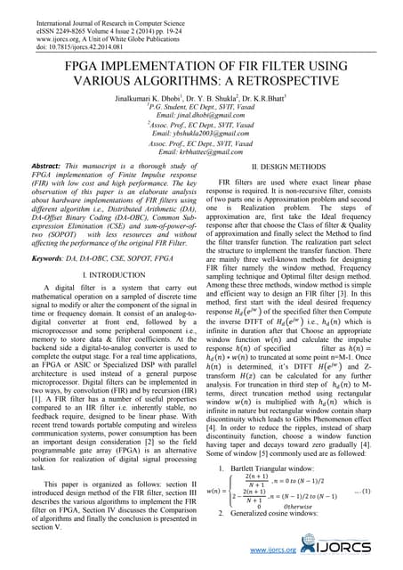 Fpga Implementation Of Fir Filter Using Various Algorithms A