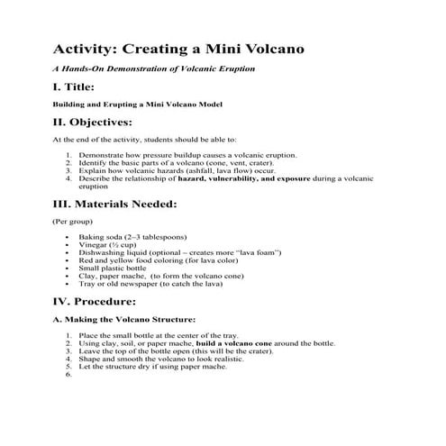 An Activity About Creating A Mini Volcano for grade 8 | DOCX