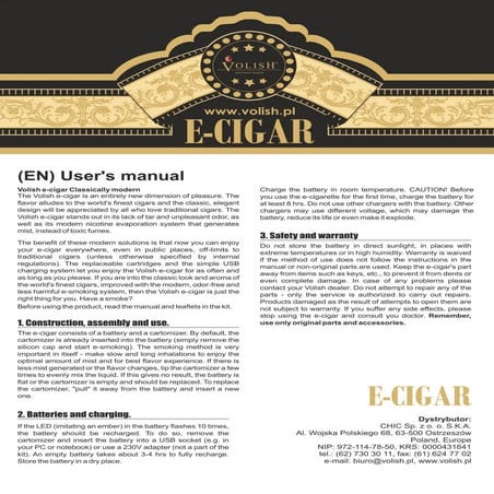 Instruction Manual Volish e-Cigar | PDF