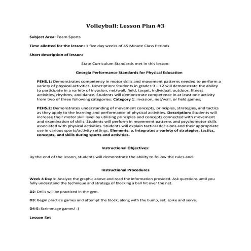 Volleyball lesson plan 3 | DOCX | Volleyball | Sports