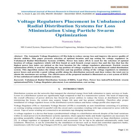 Voltage Regulators Placement in Unbalanced Radial Distribution Systems for Loss Minimization ...