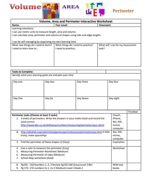 Perimeter And Volume Maths Unit | PDF