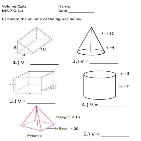 Volume of simple figues quiz | PDF