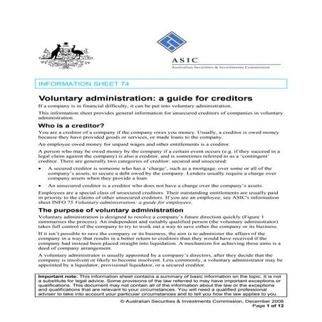 Voluntary administration a guide for creditors | PDF