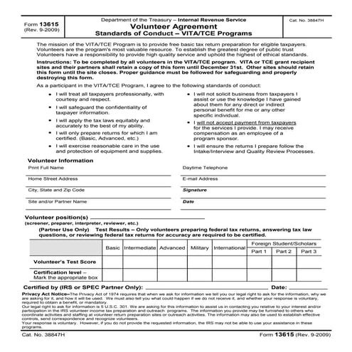 Volunteer Agreement Form 13615 | PDF | Personal Taxes | Personal Finance