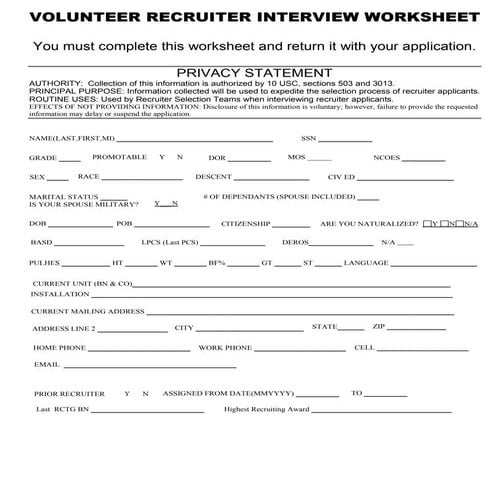 Volunteer recruiter interview worksheet website | PDF