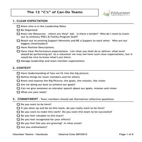 Volunteer teams student handouts by Deanna Cole | PDF