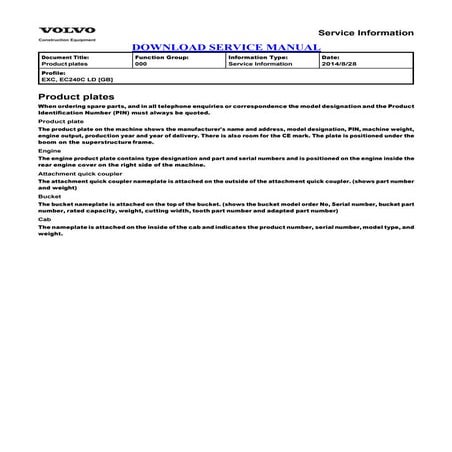 Volvo EC240C LD EC240CLD Excavator Service Repair Manual.pdf