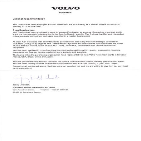 Volvo Powertrain_Letter of Recommendation | PDF