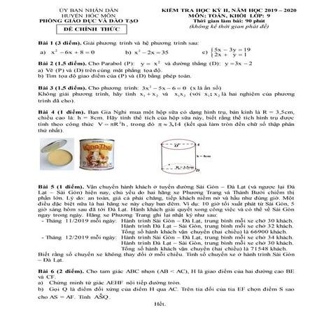 Đề Thi HK2 Toán 9 - PGD Hóc Môn | DOCX
