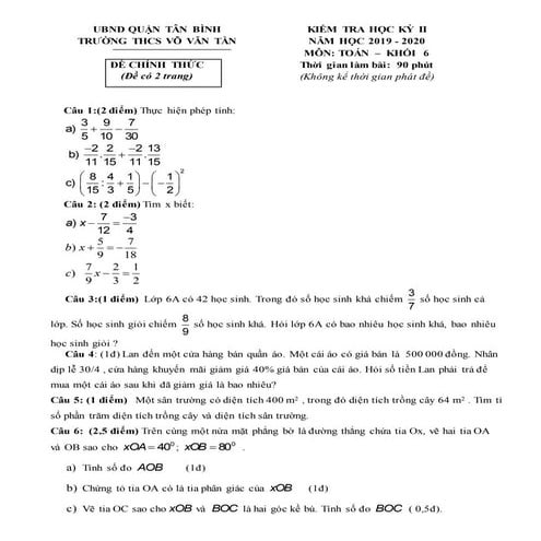 Đề Thi HK2 Toán 6 - THCS Võ Văn Tần | DOC
