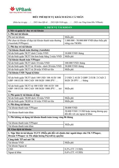 Hdbank bieu phi dich vu ngan hang dien tu | PDF
