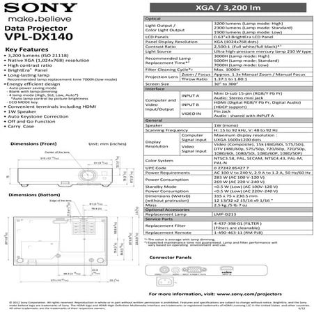 Sony VPL-DX140 Projector Spec Sheet | PDF | Computer Peripherals | Computing