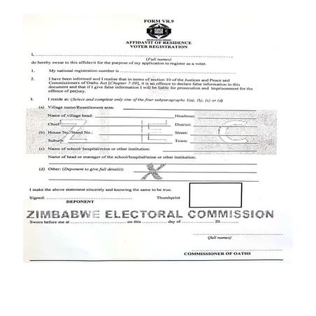 Zimbabwe Proof of Residence VR1 & VR9 Affidavit Forms | PDF