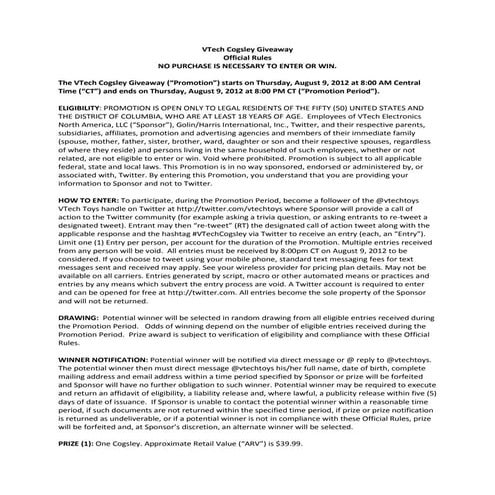 VTech Cogsley Giveaway 8-9-2012 | PDF