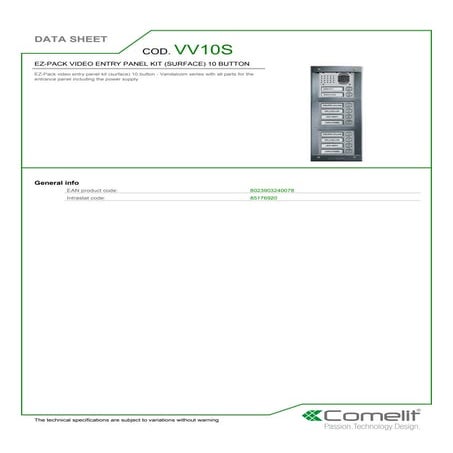 Comelit VV10S Data Sheet | PDF | Technology & Computing
