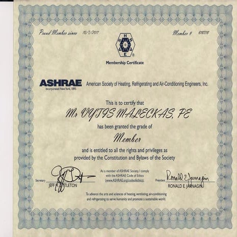 Vytis Maleckas Ashrae Membership Certificate | PDF