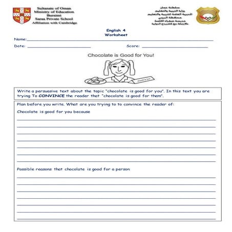 Writing Worksheet: Chocolate is good for you | DOCX