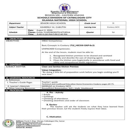 Cookery Lesson Plan 4 A's Silanga National High School | DOCX