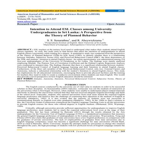 Intention to Attend ESL Classes among University Undergraduates in Sri ...