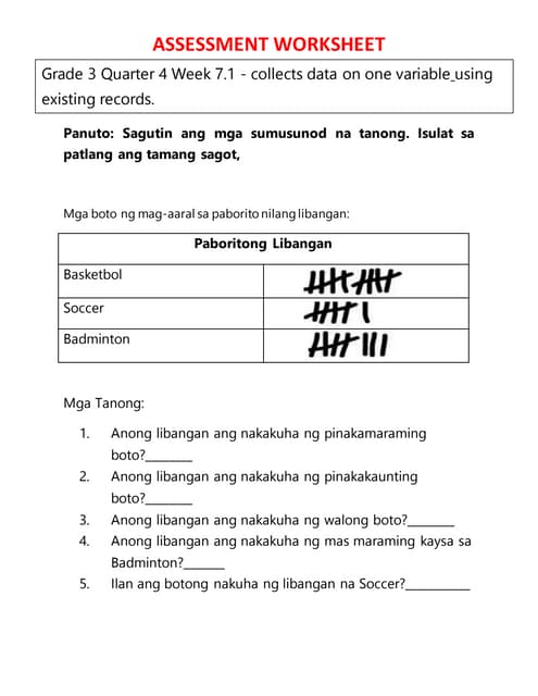 Grade 3 quarter 4 week 7.1 collects data on one variable using existing ...