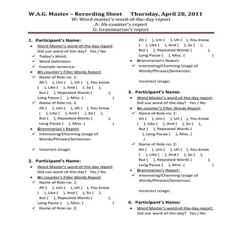 W.A.G. Master's Recording Sheet | DOCX