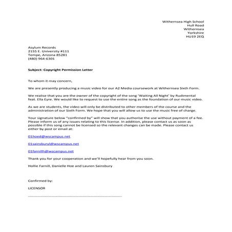 'Waiting All Night' Copyright Permission Letter | DOCX