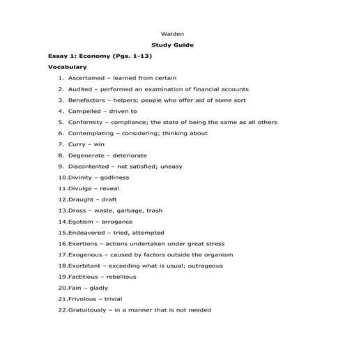 Walden Study Guide Essay 1 Economy Pgs. 1 13 | DOC