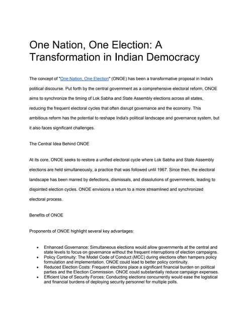 One Nation One Election in Indian politics | PPTX | Elections | Politics