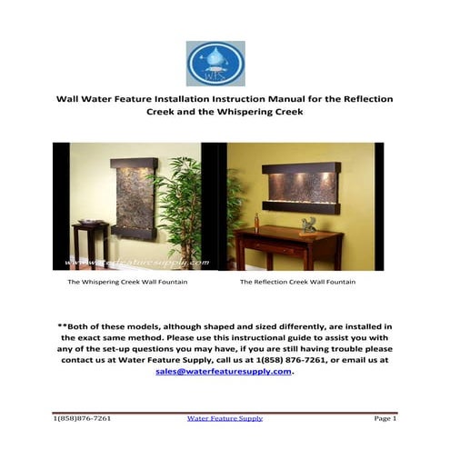 Wall water feature installation instruction manual for the reflection ...