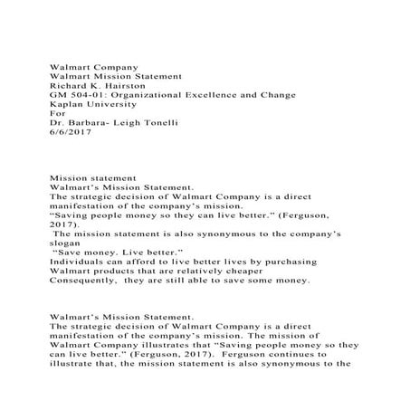 Walmart CompanyWalmart Mission StatementRichard K. Hairston.docx ...