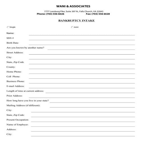 Wani & associates, p.c. bankruptcy intake form | PDF