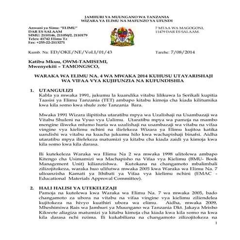 Waraka wa elimu na. 4 wa mwaka 2014 kuhusu utayarishaji wa vifaa vya ...
