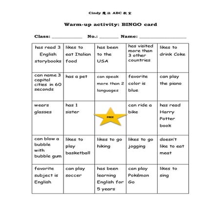 Warm Up Activity BINGO card icebreaker | DOCX