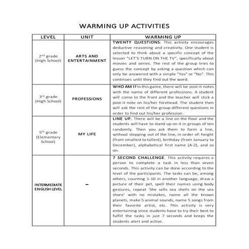 Warming up activities | DOCX