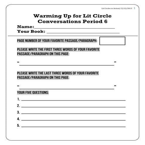 Warming Up for Lit Circle Conversations: Graphic Organizer to Prep for ...