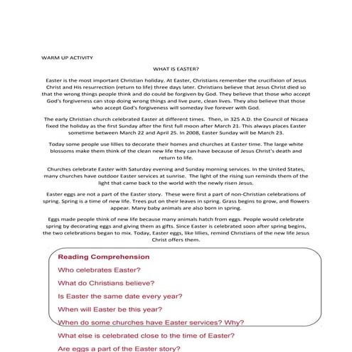 Warm up activity easter reading | DOC
